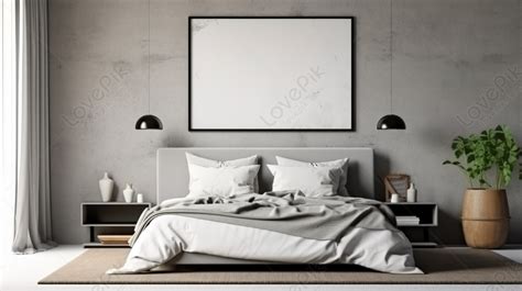 놀라운 3d 렌더링 회색 톤의 인테리어와 빈 프레임 모형을 갖춘 현대적인 침실 침대 매트리스 배경 현대적 배경 3d 침실 배경 이미지 Hd 침대 매트리스 현대적
