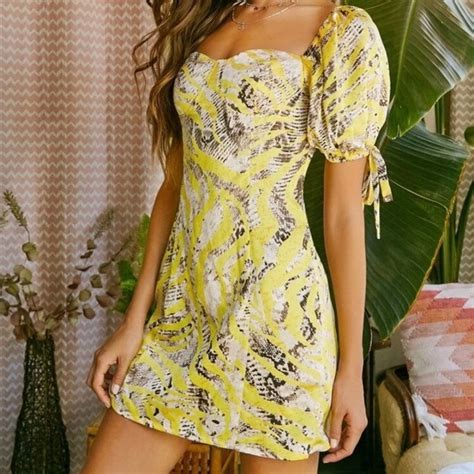Yellow Snake Print Puff Sleeve Satin Dress Womens Fashion Dresses