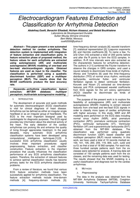 Pdf Electrocardiogram Features Extraction And Classification For Arrhythmia Detection