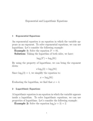 Exploring Exponential And Logarithmic Equations Teaching Resources