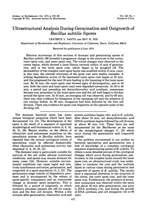 Pdf Ultrastructural Analysis During Germination And Outgrowth Of Bacillus Subtilis Spores