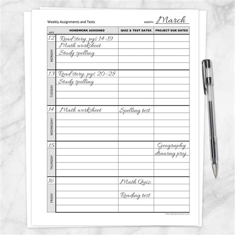 Weekly School Assignments And Tests Sheet Printable At Printable