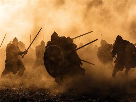 a dramatic scene of two opposing armies clashing on a battlefield