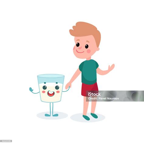 귀여운 소년과 우유 손을 잡고 아이 만화 벡터 일러스트 레이 션에 대 한 건강 식품의 인간 답게 된 골 판지 상자 건강한 생활