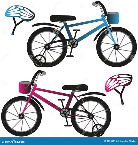 Bicyclettes Et Casques Denfants Bleu Et Rose Illustration De Vecteur