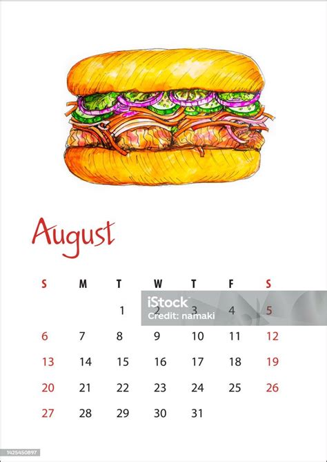 August 2023 달력 시트 육즙이 많은 베트남 반미 샌드위치 치킨 수채화 스케치 일러스트레이션 격리 A4 간장에 대한 스톡 벡터 아트 및 기타 이미지 Istock