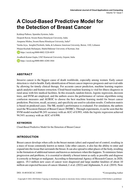 Pdf A Cloud Based Predictive Model For The Detection Of Breast Cancer