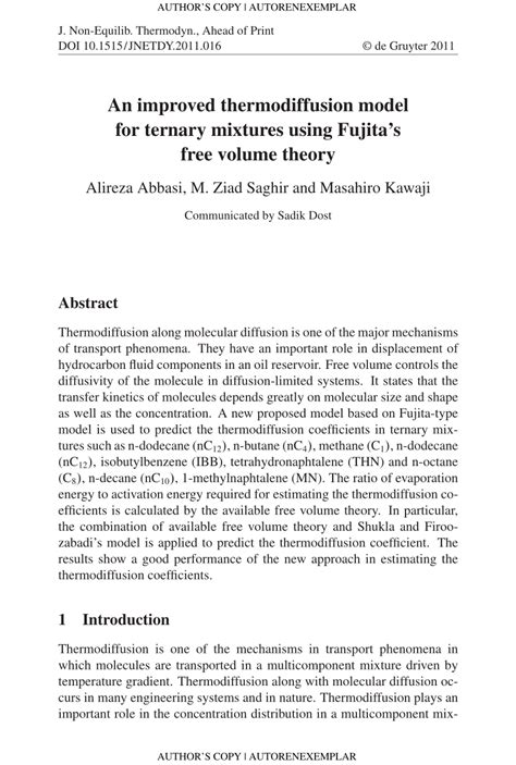 Pdf An Improved Thermodiffusion Model For Ternary Mixtures Using Fujitas Free Volume Theory