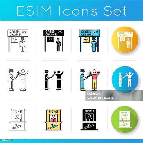 공항 터미널 아이콘 설정 공항 터미널 체크포인트 입구에서 보안 금속 검출기로 바디 스캐닝 티켓 키오스크 선형 검정 색 및 Rgb 색상 스타일 격리된 벡터 그림 감지기에 대한