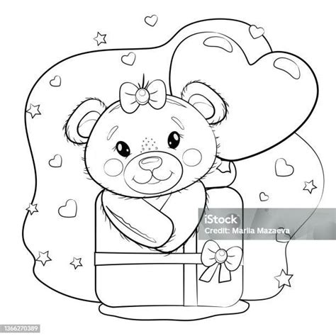 하트 모양의 풍선과 선물로 착색 귀여운 테디 베어 소녀 하트가 있는 하얀 배경에 테디 베어 발렌타인 데이 또는 생일에 대한 벡터 만화 개요 그림 0명에 대한 스톡 벡터 아트