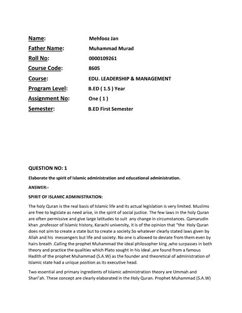 Assignment 8605 Done I Need The Assignent Name Mehfooz Jan Father