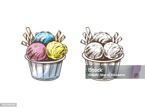 그릇에 담긴 아이스크림 볼을 손으로 그린 컬러 흑백 스케치 빈티지 일러스트입니다 라벨 포장 및 엽서 디자인을 위한 요소 검은색에