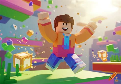 A Smiling Roblox Style Character Stands In A Vibrant Blocky Cityscape With Floating Cubes And A