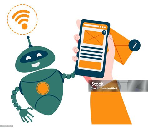 모바일 챗봇 앱 일러스트레이션 Sms 메시징 응용 프로그램 화면에서 챗봇 메시지와 스마트폰 인터페이스 인공 지능과의 미디어 통신 벡터 일러스트레이션 Brand Name