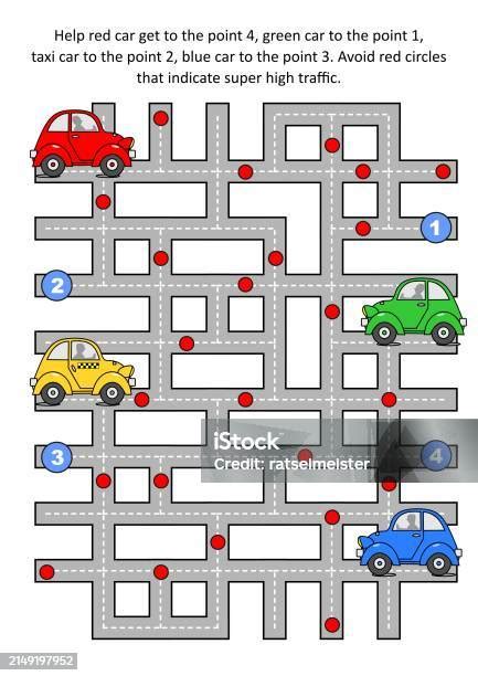 어린이와 성인을 위한 미로 게임 빨간 차가 4번 지점까지 녹색 차가 1번 지점까지 택시 차가 2번 지점까지 파란 차가 3번 지점까지 갈 수 있도록 도와주세요 트래픽이 매우