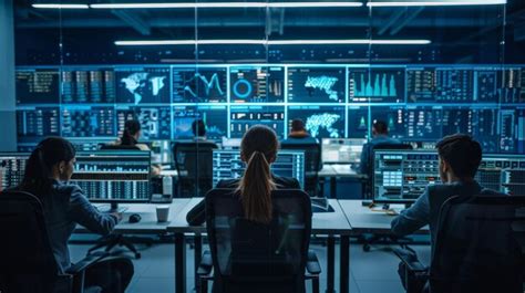 Cybersecurity Team Monitoring Network Traffic In A Modern Command Center With Realtime Data