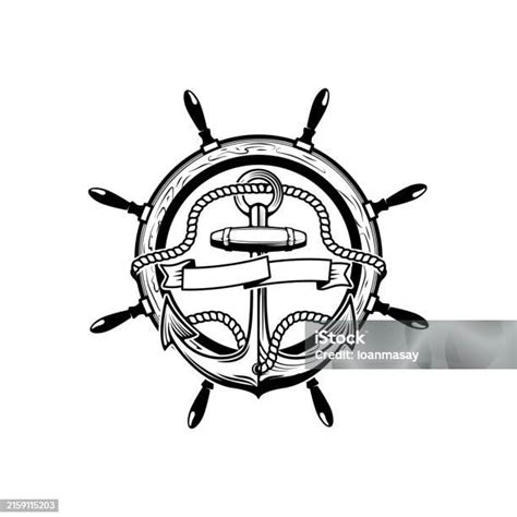 바다 모험 해안 경비대 스티어링 휠이 있는 배경에 밧줄과 리본이 있는 앵커 선박 조타실 라벨 엠블럼 사인 Tshort Print 사인의 디자인 요소 스티어링 휠에 대한 스톡