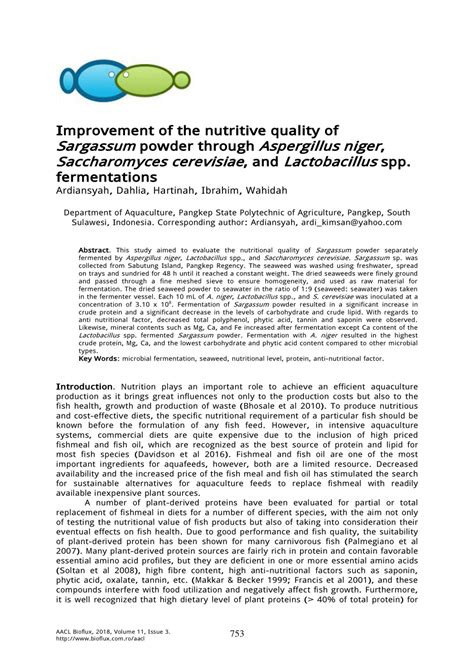 Pdf Improvement Of The Nutritive Quality Of Sargassum Powder Through Aspergillus Niger