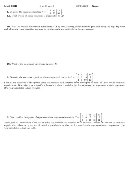 Elementary Row Linear Algebra Quiz Docsity