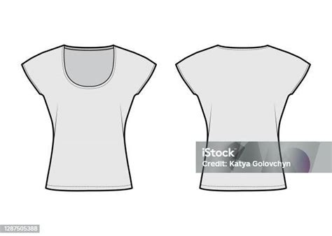 허리 길이 아래 라운드 네크 라인이 편안한 핏과 짧은 배트 슬리브 기술 패션 일러스트가 있는 탑 플랫 0명에 대한 스톡 벡터 아트 및 기타 이미지 Istock