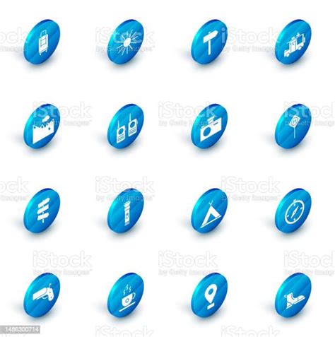 일몰 도로 교통 표지판 Rv 캠핑 트레일러 산 워키토키 주차 및 사진 카메라 아이콘을 설정합니다 벡터 3차원 형태에 대한 스톡 벡터 아트 및 기타 이미지 Istock