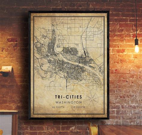 Tri Cities Vintage Map Print Tri Cities Map Washington Map Art