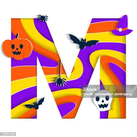해피 할로윈 M 알파벳 파티 글꼴 타이포그래피 캐릭터 만화 화려한 3d 레이어 종이 컷 아웃 유형 디자인 축하 벡터 일러스트 레이 션 해골 호박 박쥐 마녀 모자 스파이더