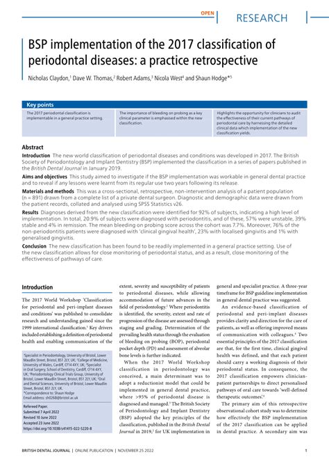 Pdf Bsp Implementation Of The 2017 Classification Of Periodontal Diseases A Practice