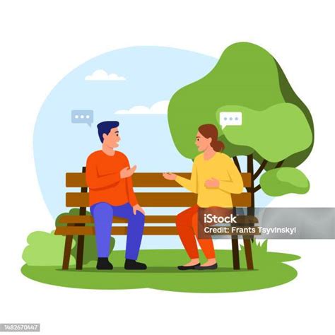 벡터 삽화 커플은 벤치에 앉아 있다 남자와 여자가 공원 벤치에 앉아 하얀 배경에 얘기하는 만화 장면 사람들에 대한 스톡 벡터 아트 및 기타 이미지 Istock