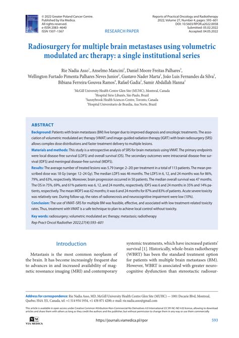Pdf Radiosurgery For Multiple Brain Metastases Using Volumetric Modulated Arc Therapy A