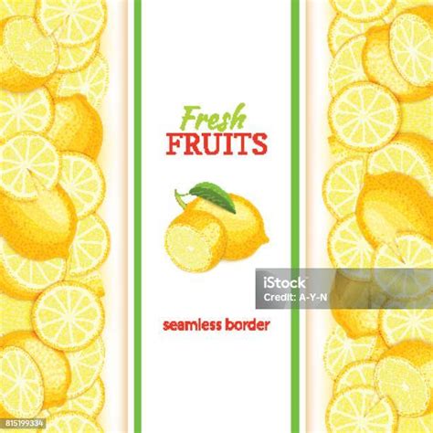 잘 익은 레몬 수직 원활한 테두리입니다 벡터 일러스트 레이 션 카드 구성 육즙 신선한 노란색 라임 슬라이스 과일 잎 디자인 차 아이스크림 천연 화장품 의료 제품 해독