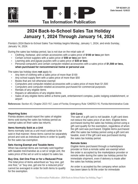 Floridas 2024 Back To School Sales Tax Holiday Pdf Sales Taxes In
