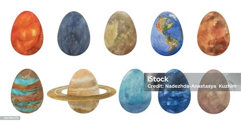 태양 수성 금성 지구 화성 목성 토성 천왕성 해왕성 인사말 카드 의 설계를 위한 명왕성이 있는 태양계 행성 의 형태로 부활절 달걀 컬렉션 노랑에 대한 스톡 벡터 아트 및