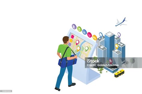 등극 성 프로모션 인터랙티브 정보 키오스크 광고 디스플레이 터미널 스탠드 터치 스크린 디스플레이 남자는 도시지도와 대화 형 터치 스크린을 사용 쇼핑 몰에 대한 스톡 벡터