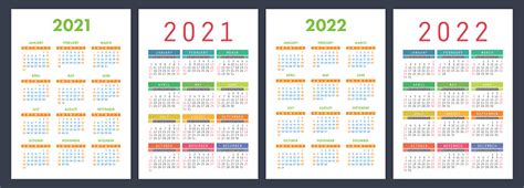 캘린더 2021 및 2022 영어 색상 벡터 세트 수직 벽 또는 포켓 캘린더 템플릿 디자인 컬렉션 새해 일요일부터 시작되는 주