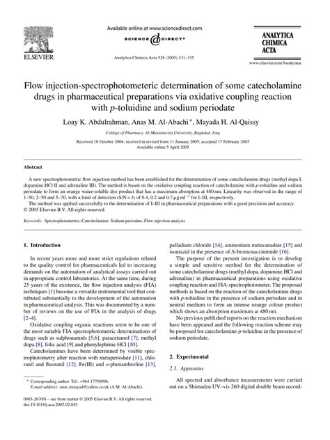 Pdf Flow Injection Spectrophotometric Determination Of Some Catecholamine Drugs In