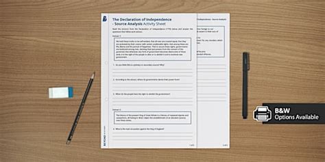 The Declaration Of Independence Source Analysis Activity Sheet
