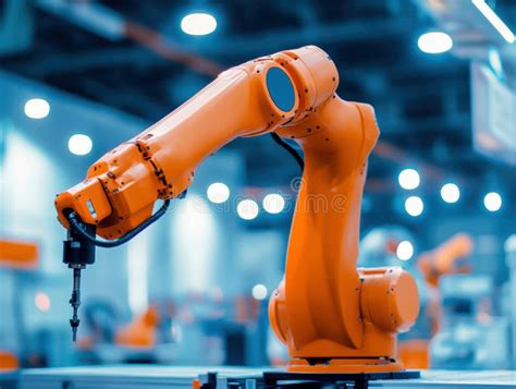 A Modern Industrial Setting Showcases A Sleek Orange Robotic Arm With Complex Movements And A
