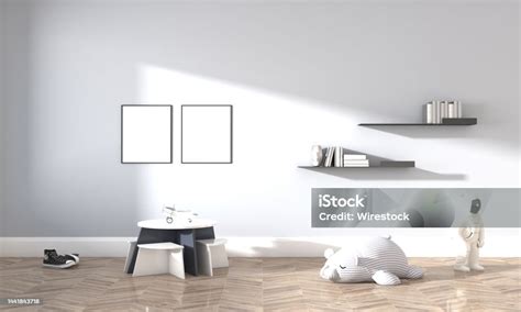 현대적인 미니멀리스트 어린이 방 또는 보육원의 3d 렌더링 그림 복사 공간을 위한 빈 프레임 0명에 대한 스톡 사진 및 기타 이미지 Istock