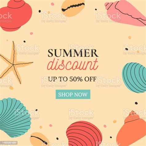 여름 세일 손으로 현대적인 배경은 화려한 조개 불가사리를 그립니다 아름 다운 여름 휴가 포스터입니다 인사말 카드 배너 초대장