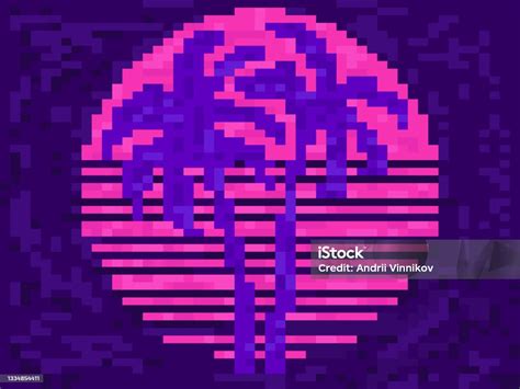 80 년대 스타일의 일몰에 픽셀 아트 야자수 8 비트 태양 신디웨이브와 복고풍파 복고풍 8 비트 비디오 게임 인쇄 포장지 및 광고를 위한 디자인 벡터 일러스트레이션 1980