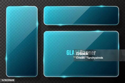 사실적인 유리 프레임 컬렉션 플레어와 하이라이트가있는 파란색 투명 유리 배너 광택있는 아크릴 판 가벼운 반사와 텍스트를위한 장소