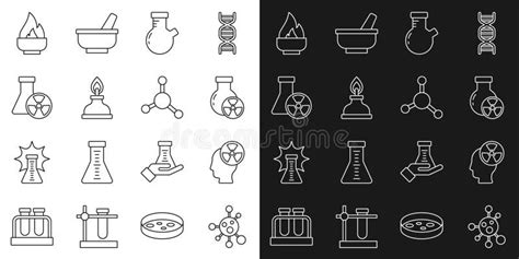 Set Line Molecule Head And Radiation Symbol Test Tube Flask Alcohol Or Spirit Burner And