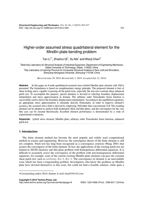 Pdf Higher Order Assumed Stress Quadrilateral Element For The Mindlin
