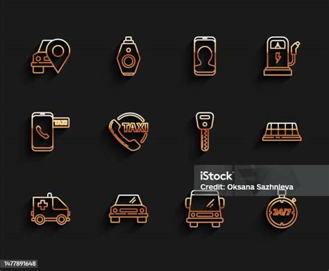 설정 라인 구급차 및 긴급 차량 자동차 택시와 지도 포인터 스톱워치 24 시간 택시 호출 전화 서비스 지붕 및 키 아이콘 벡터 24에 대한 스톡 벡터 아트 및 기타 이미지