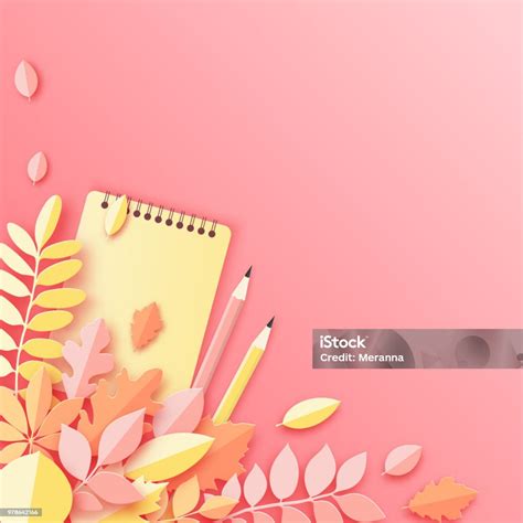 종이을 단풍 노트와 연필 파스텔 컬러 배경 트렌디한 종이 접기 종이 컷 스타일 벡터 일러스트 레이 션 0명에 대한 스톡 벡터 아트 및 기타 이미지 Istock