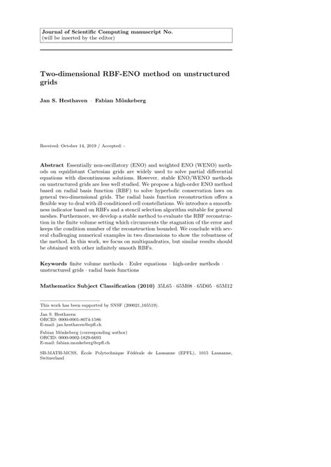 Pdf Two Dimensional Rbf Eno Method On Unstructured Grids