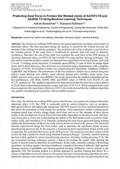 Predicting Axial Force In Friction Stir Welded Joints Of Aa7075 T6 And Aa2024 T3 Using Machine