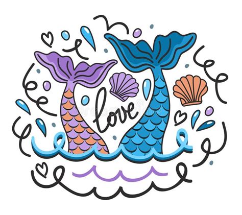 Two Mermaid Tails In Waves Love Concept Stock Vector Illustration Of