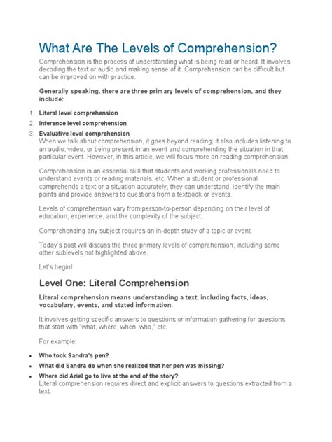 Levels Of Comprehension Pdf Reading Comprehension Question